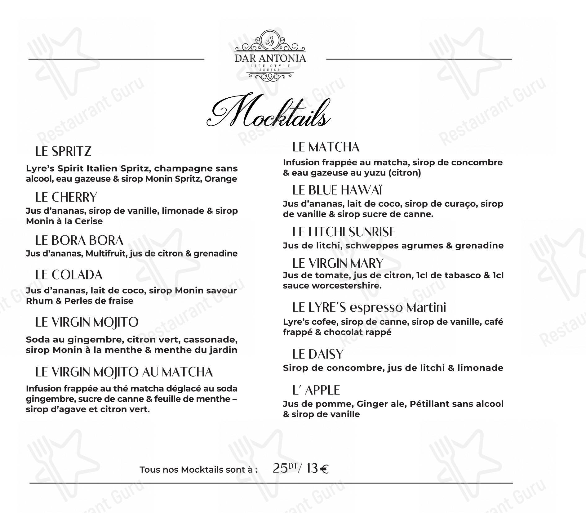 Menu au Dar Antonia Restaurant, Sousse