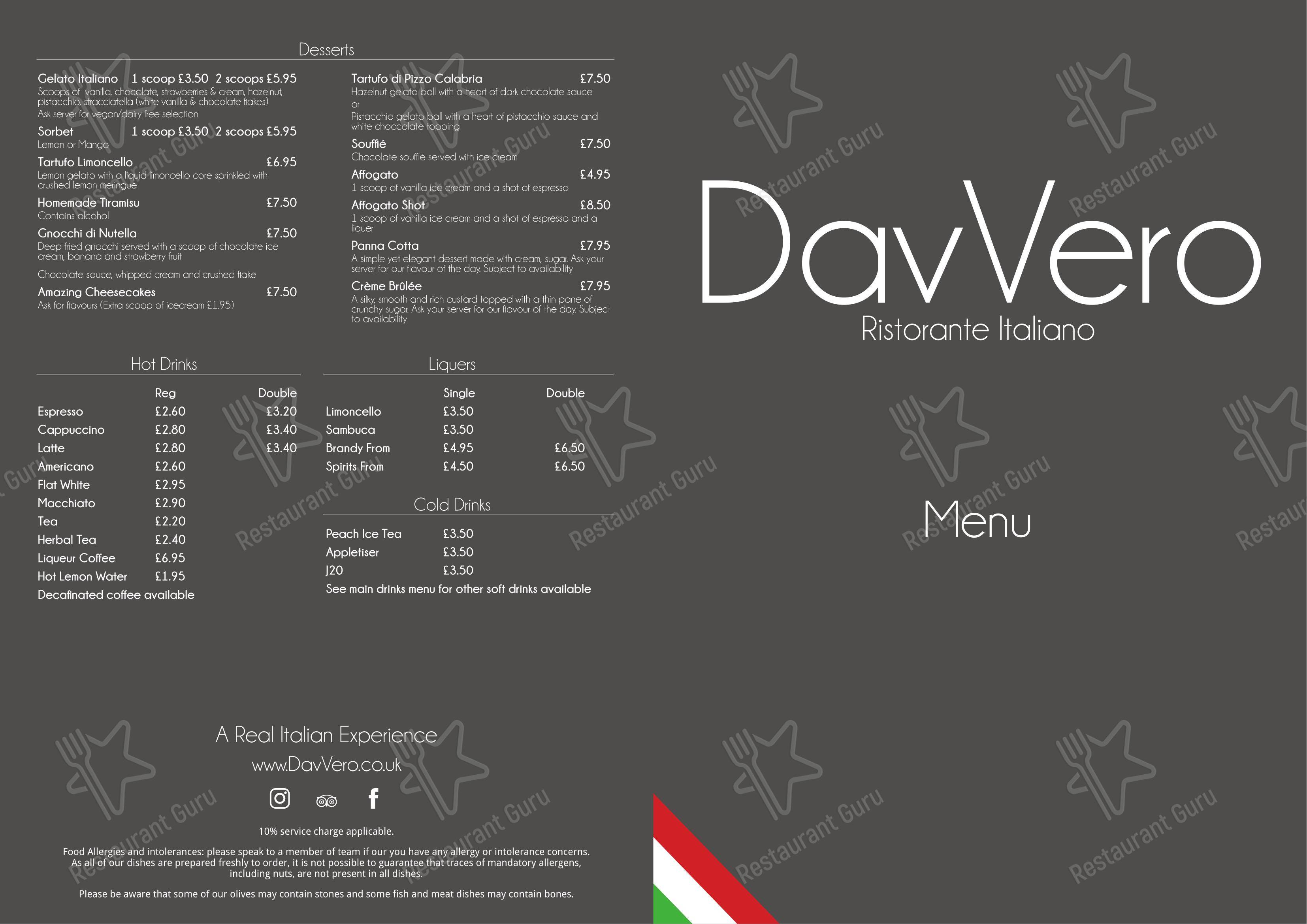 Menu at DavVero Italian Restaurant, St Albans