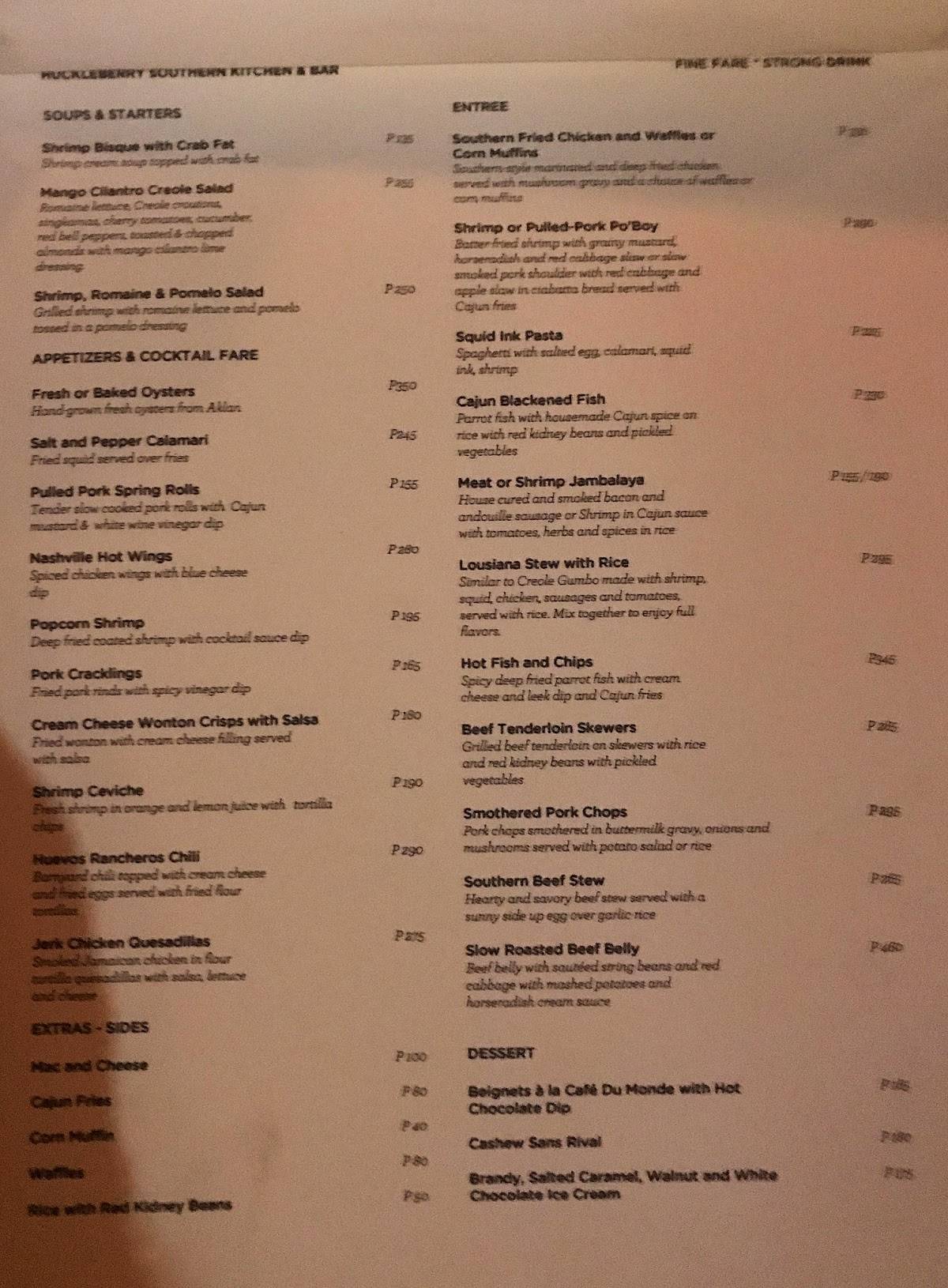 Menu at Huckleberry Southern Kitchen & Bar, Davao City, Oboza Compound