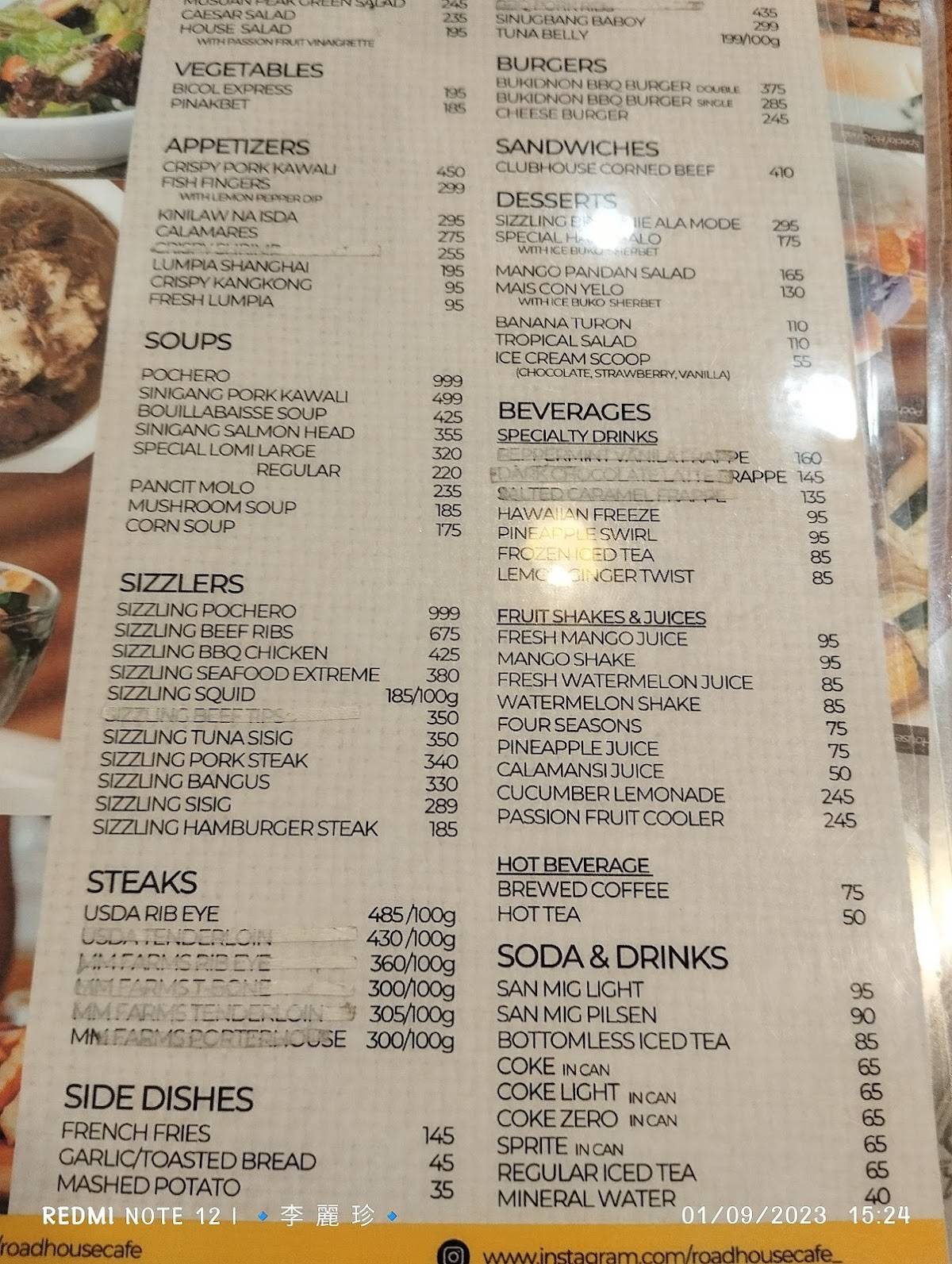 Menu at Roadhouse Café restaurant, Davao City, SM CITY DAVAO Building