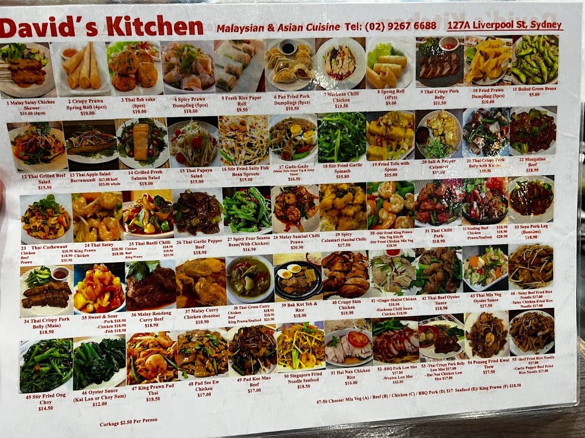 Menu at David's Kitchen restaurant, Sydney, 127 Liverpool St