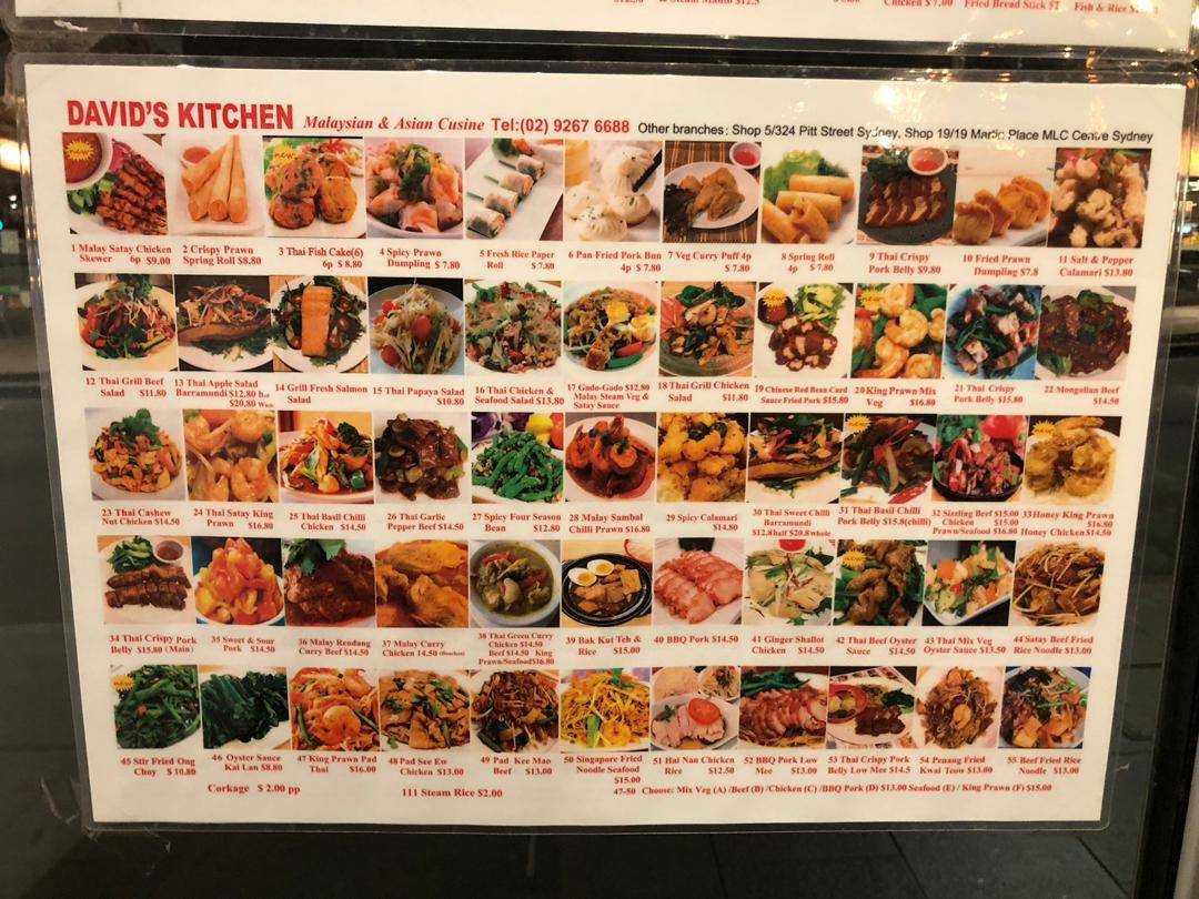 Menu at David's Kitchen restaurant, Sydney, 127 Liverpool St