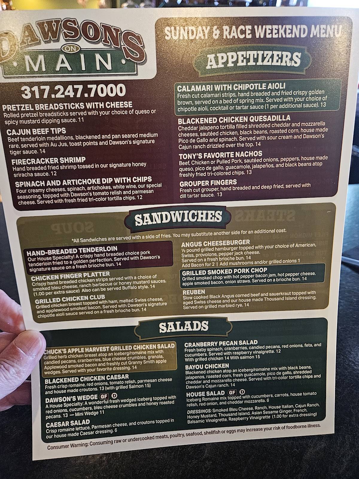 Menu at Dawson's On Main pub & bar, Speedway