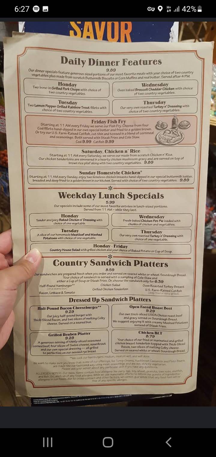 Menu at Cracker Barrel Old Country Store, Dayton, 7171 Miller Ln