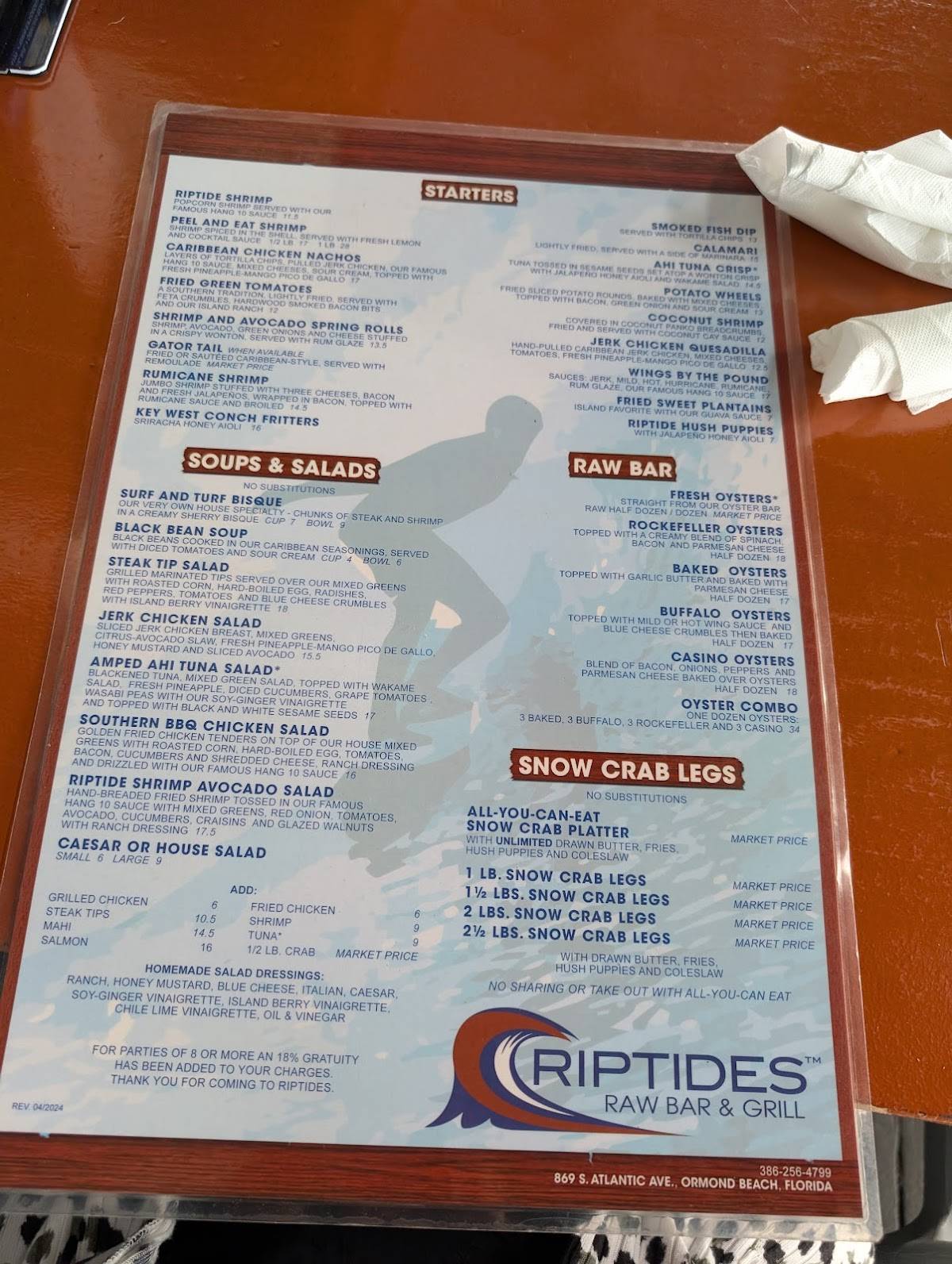 Menu at Riptides Raw Bar and Grill, Ormond Beach, 869 S Atlantic Ave