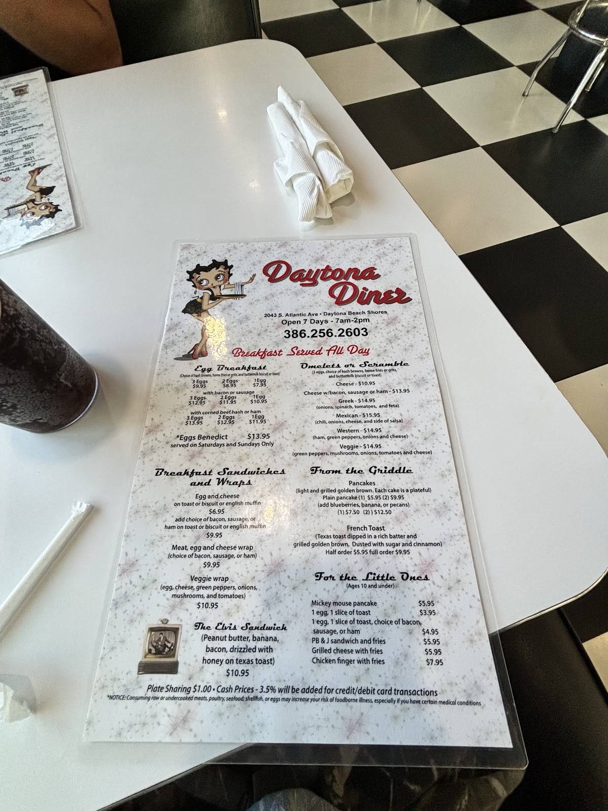 Menu at Daytona Diner restaurant, Daytona Beach Shores, S Atlantic Ave