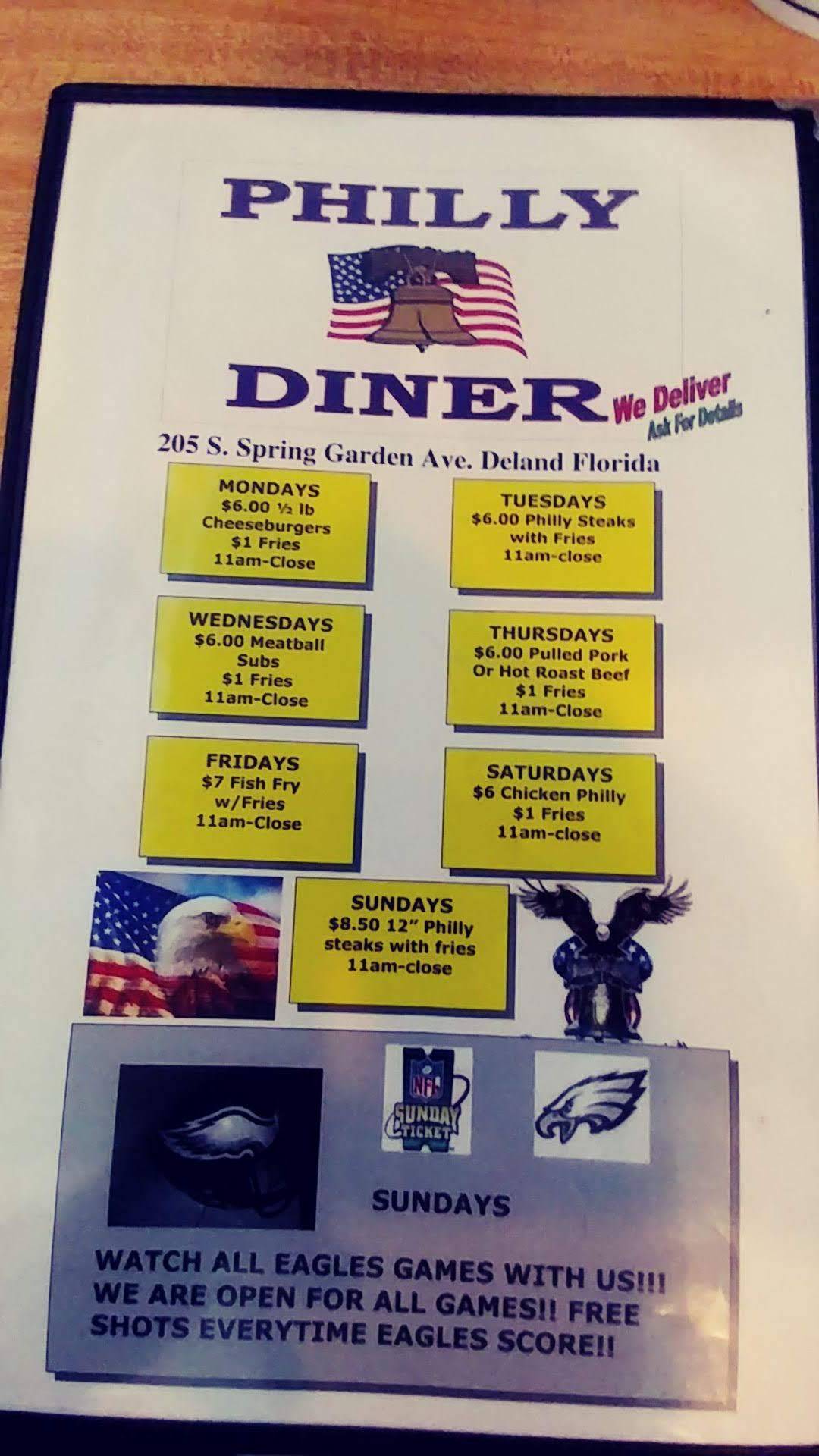 Menu at Philly Diner restaurant, DeLand