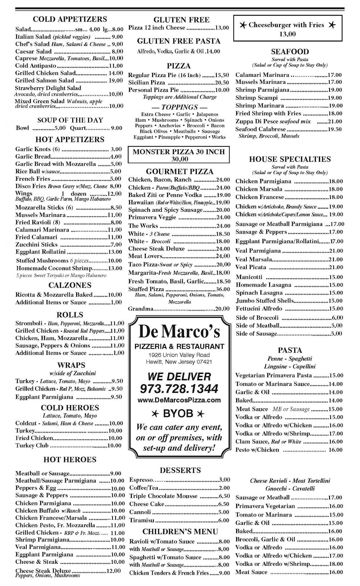Menu at DeMarco's Pizzeria & Restaurant, West Milford