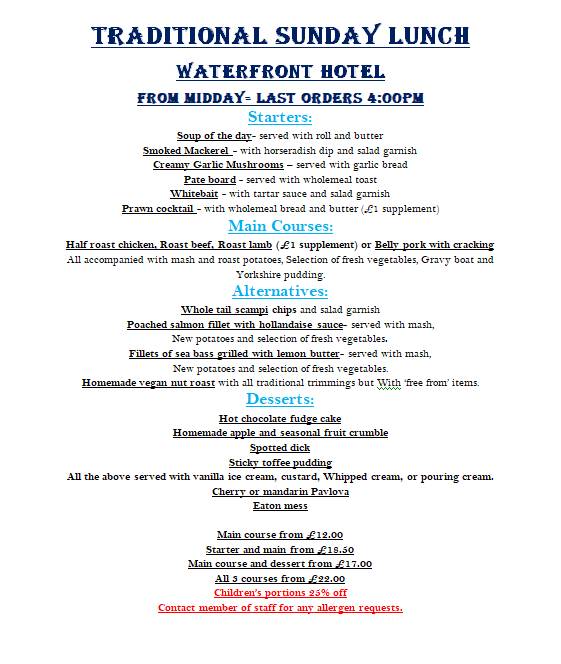 Menu at Waterfront Hotel restaurant, Deal