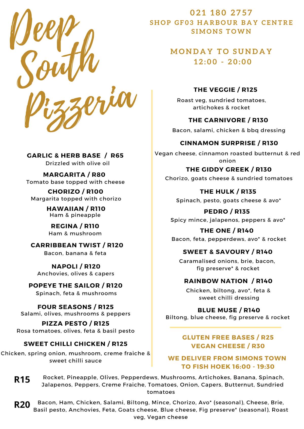 Menu at Deep South Pizzeria, Cape Town