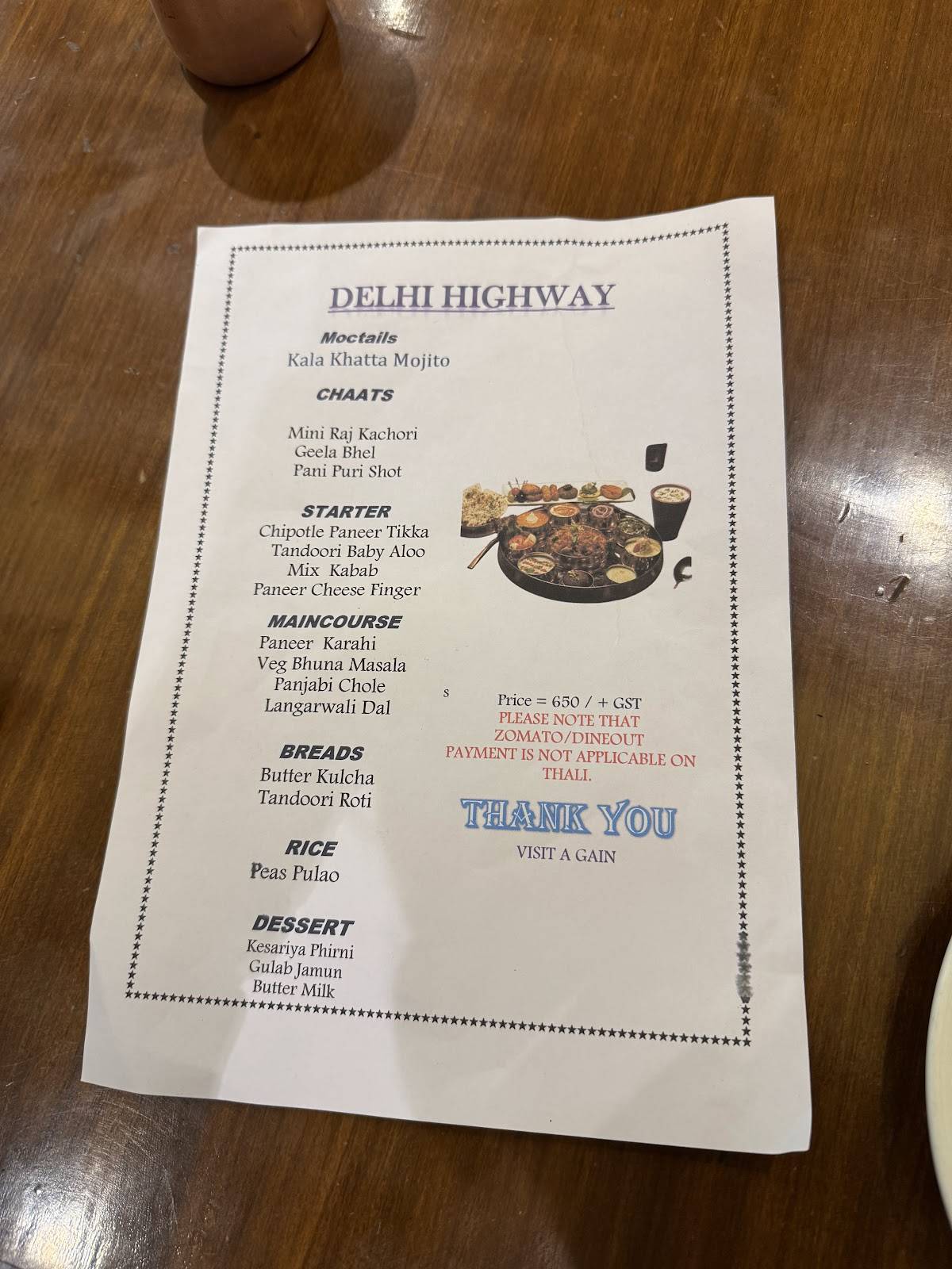 Menu at Delhi highway, Mumbai, Ground floor