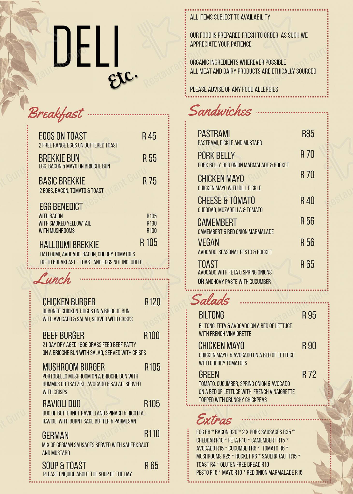 Menu au Deli Etc. café, Le Cap