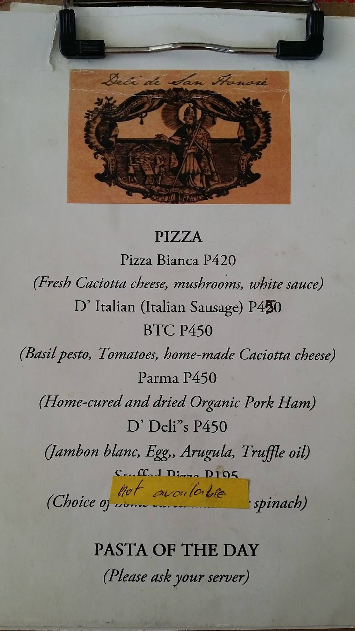 Menu at Deli de San Honore restaurant, Tagaytay, Zambal Road