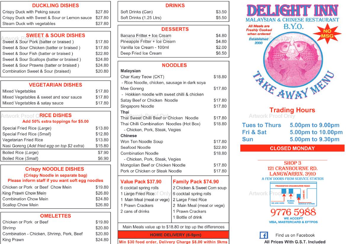 Menu at Delight Inn restaurant, Langwarrin, 121 Cranbourne-Frankston Rd