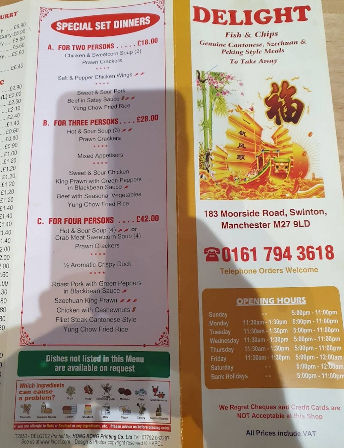 Menu at Delight fast food, Manchester, 183 Moorside Rd
