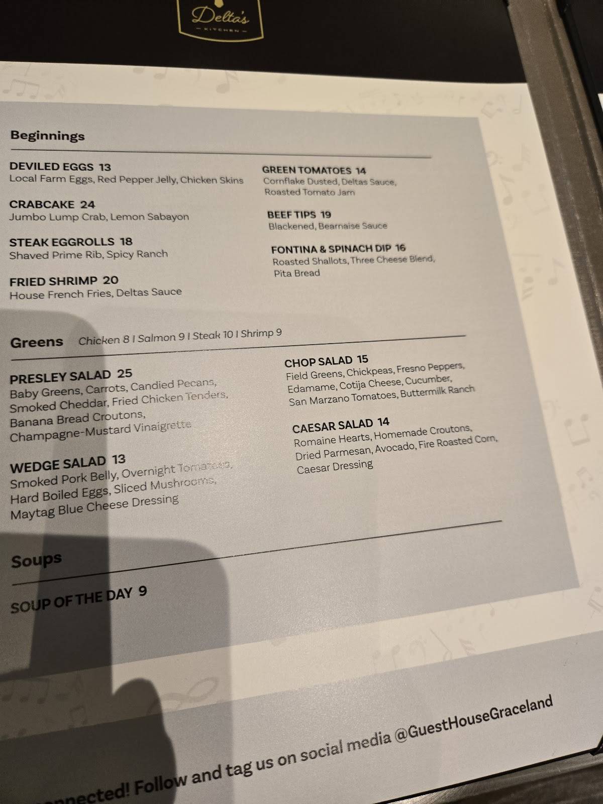 Menu at Delta's Kitchen restaurant, Memphis
