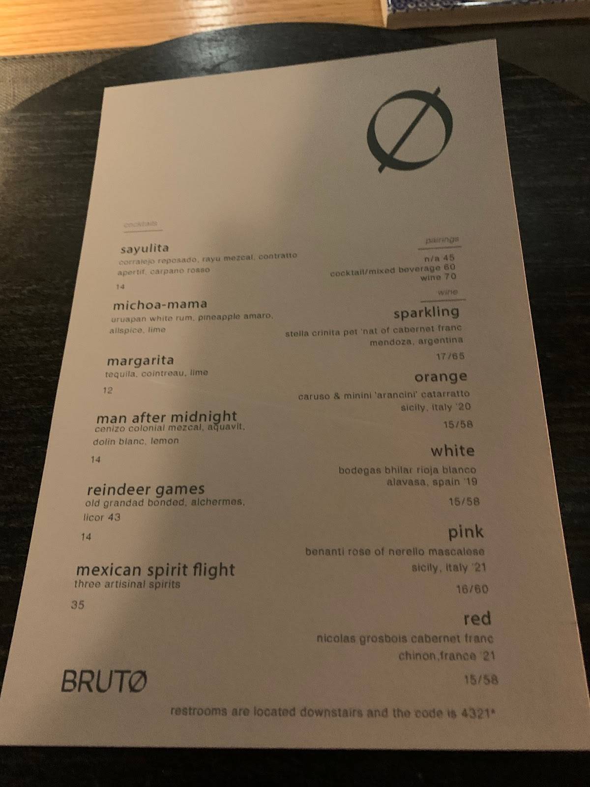 Menu at BRUTO cafe, Denver