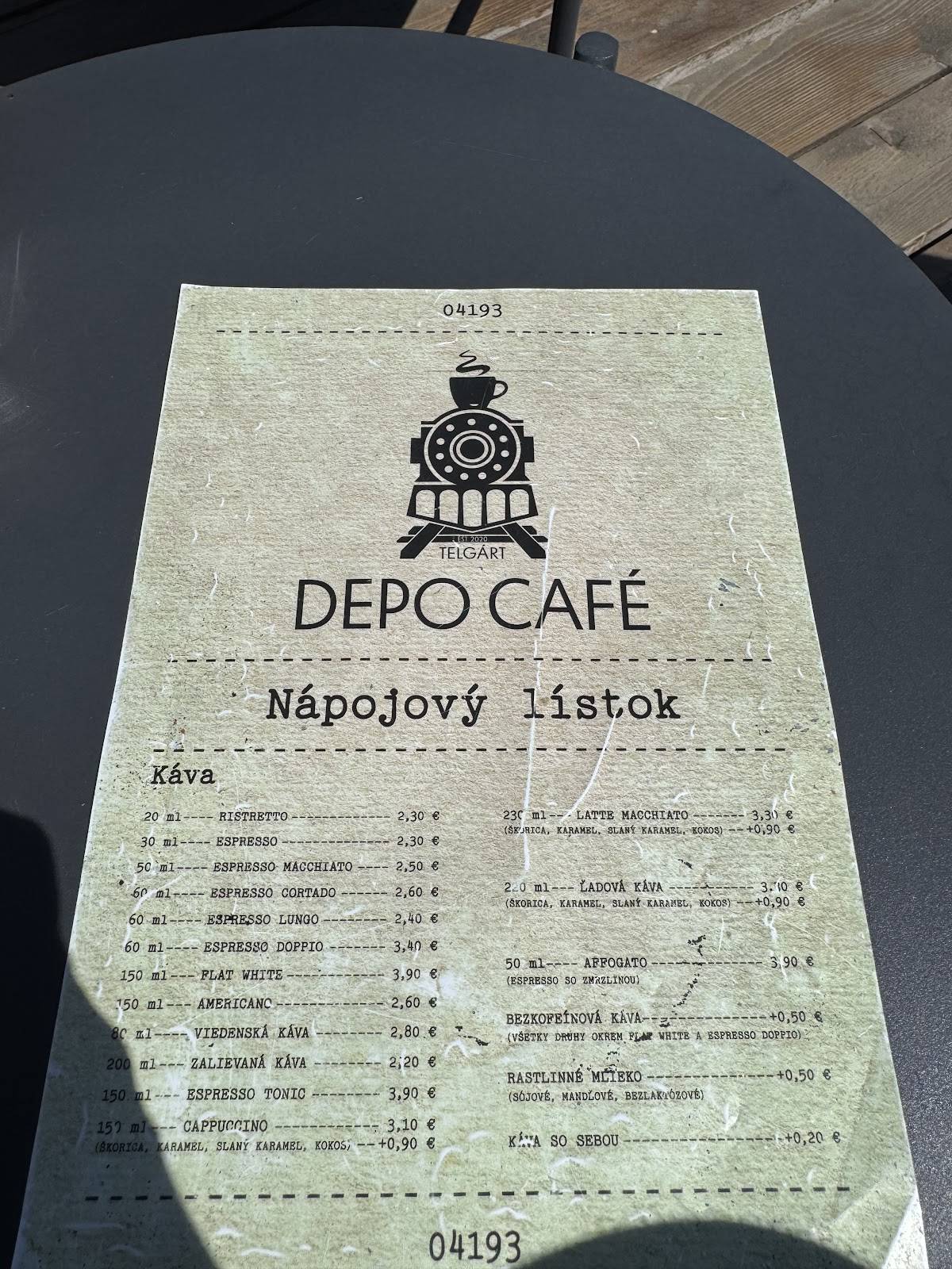 Menu at Depo Café Telgárt cafe, Telgárt