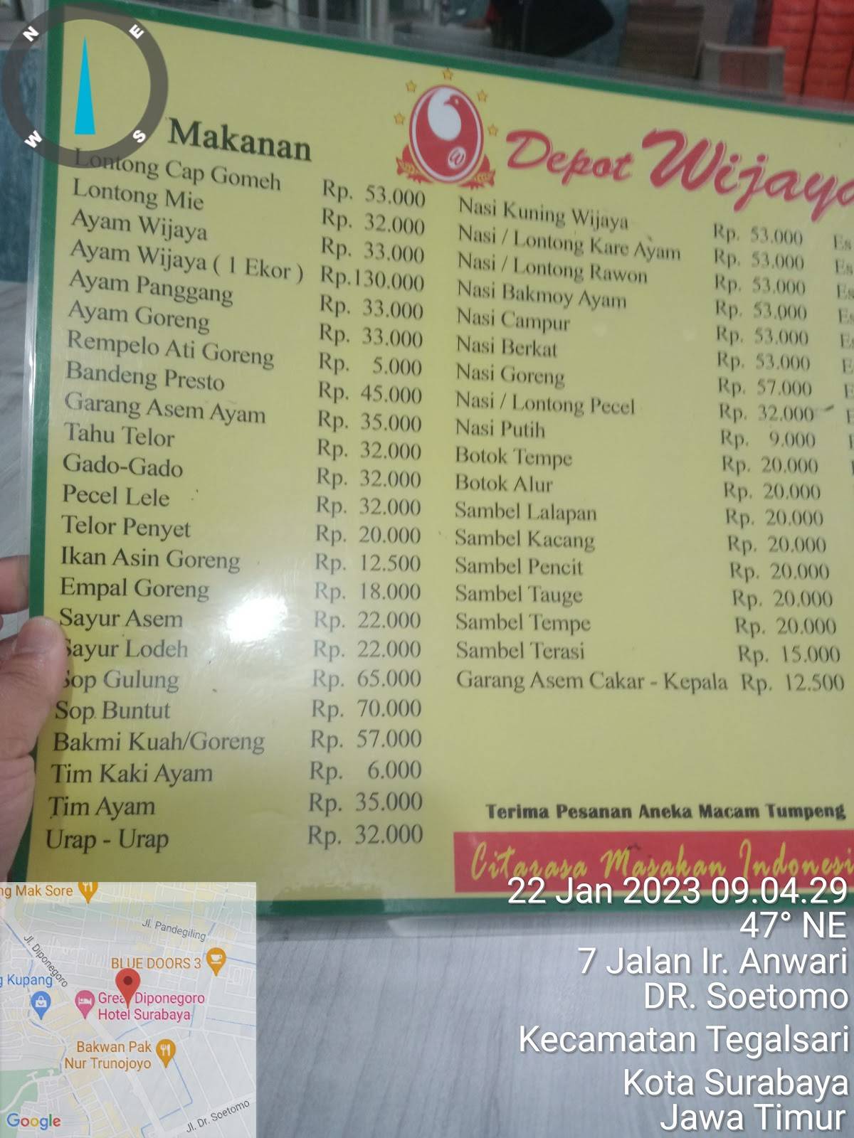 Menu at Depot Wijaya restaurant, Surabaya, Jl. Ir. Anwari No.7