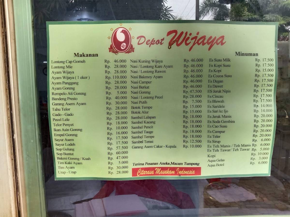 Menu at Depot Wijaya restaurant, Surabaya, Jl. Ir. Anwari No.7