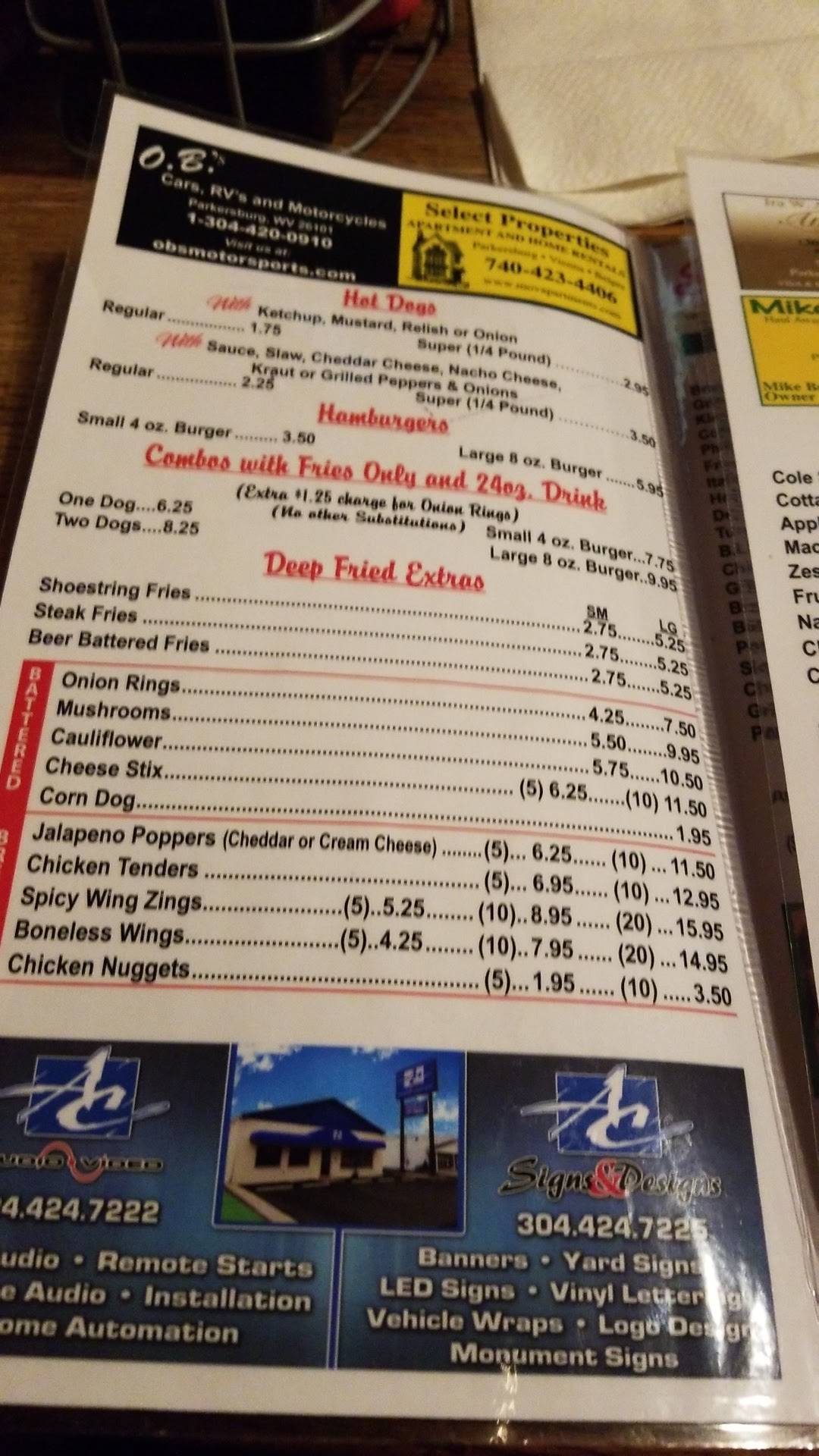 Menu at Der Dog Haus restaurant, Parkersburg