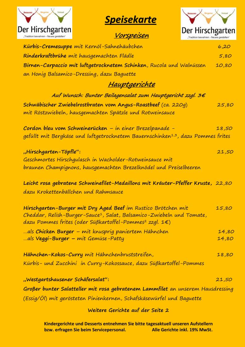 Speisekarte von Der Hirschgarten restaurant, Crailsheim