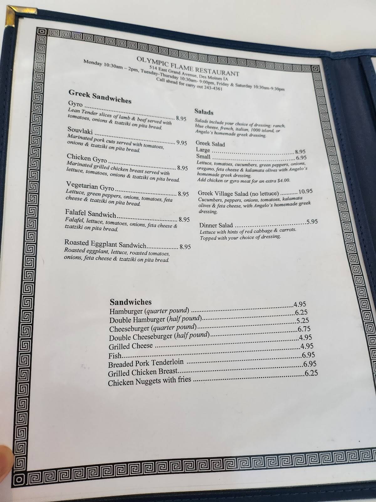 Menu at Olympic Flame Restaurant, Des Moines