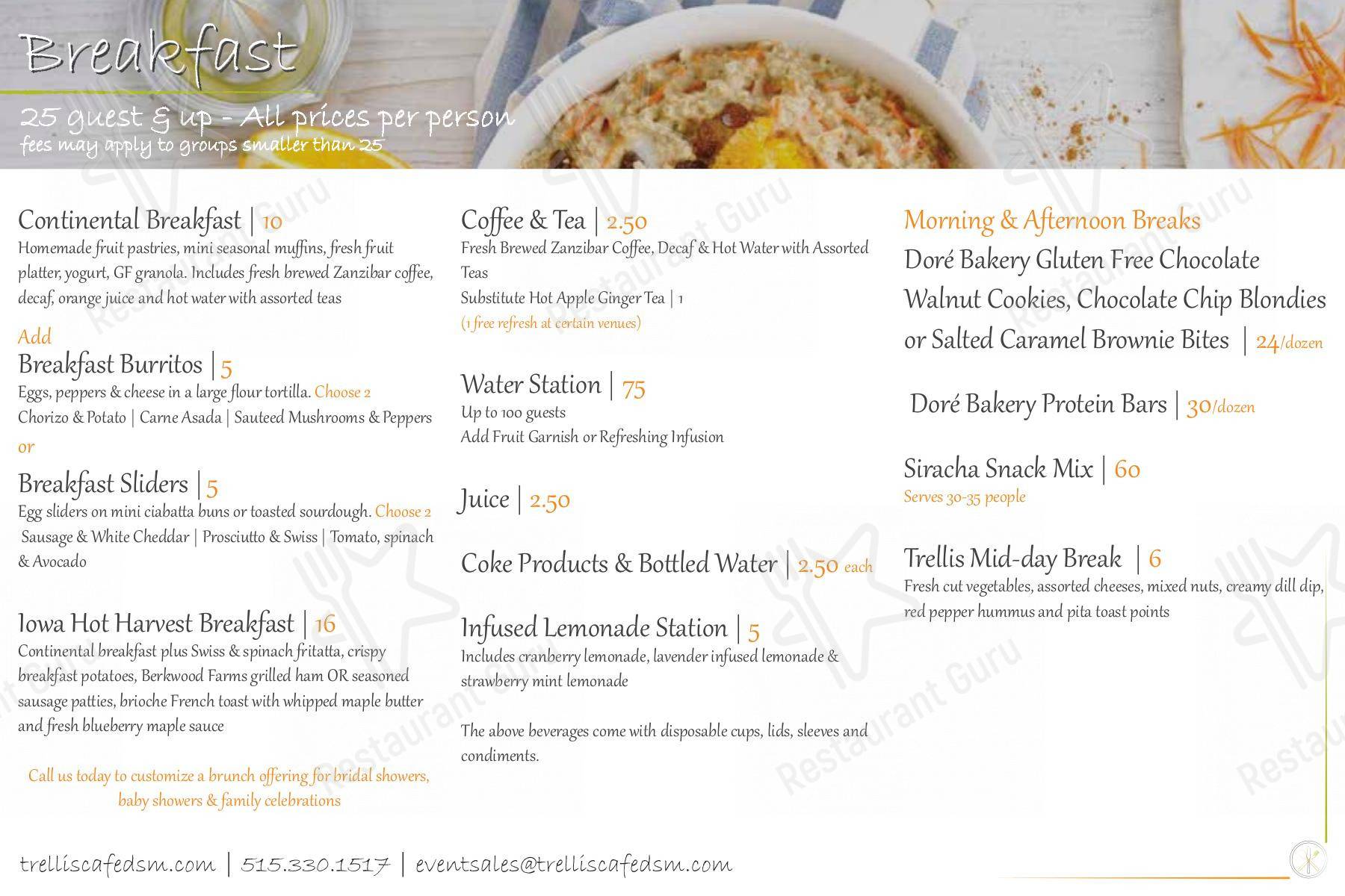 Menu at Trellis cafe, Des Moines