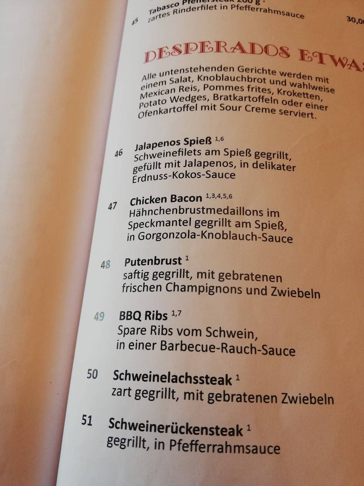 Speisekarte von Desperados Mexican Steakhouse, Bergen