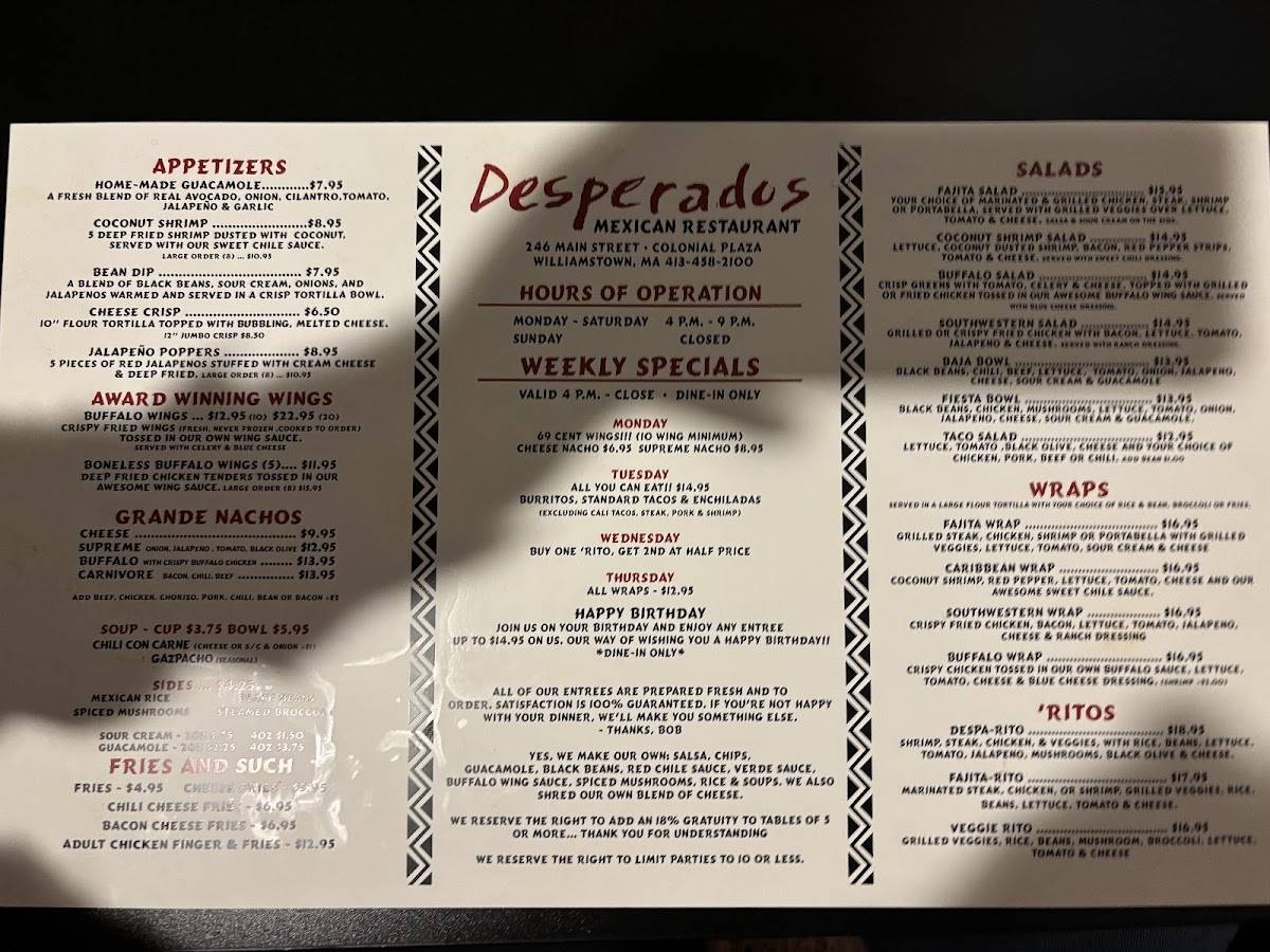 Menu at Desperados pub & bar, Williamstown, 246 Main St