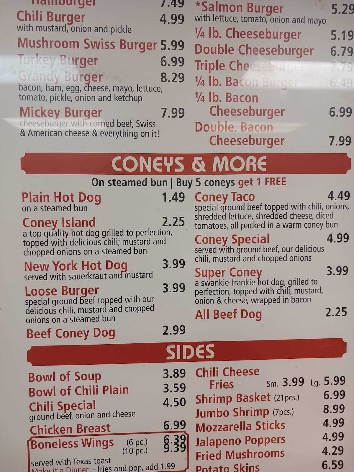 Menu at Grandy's Coney Island restaurant, Detroit, Outer Dr E