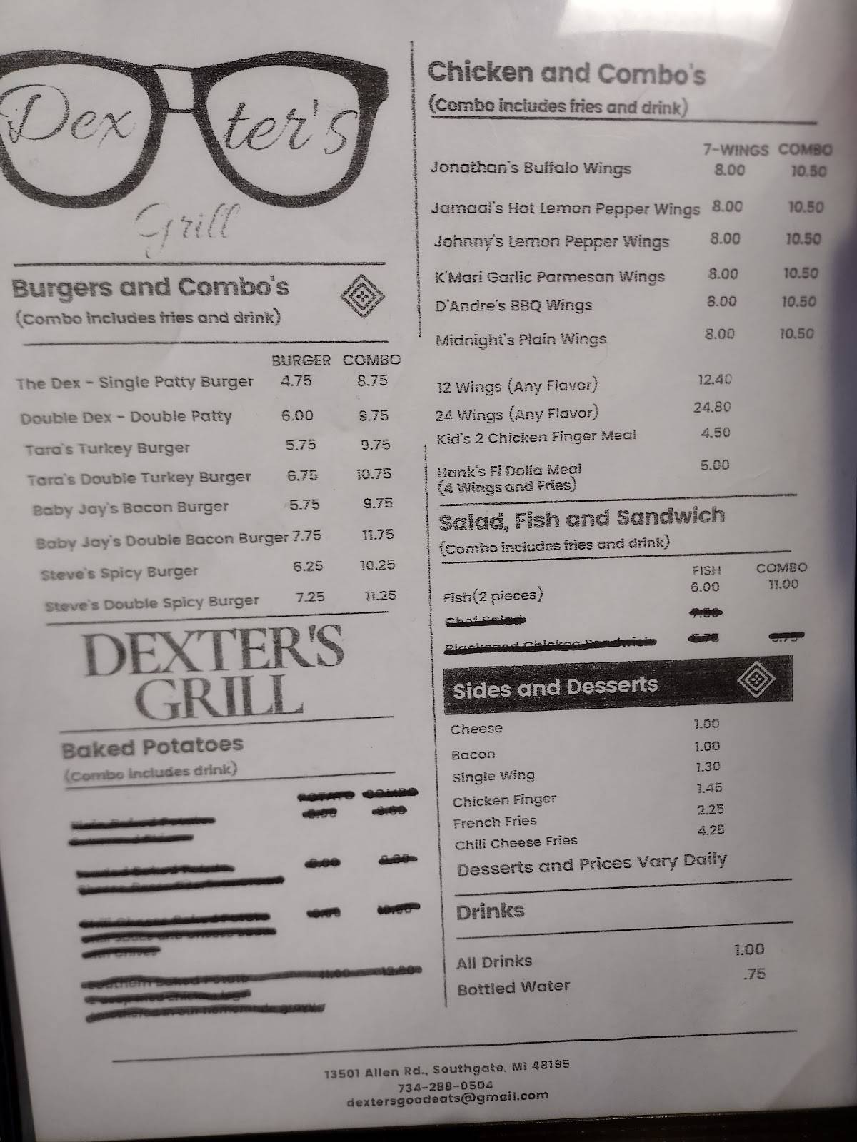 Menu at Dexter's Grill restaurant, Southgate