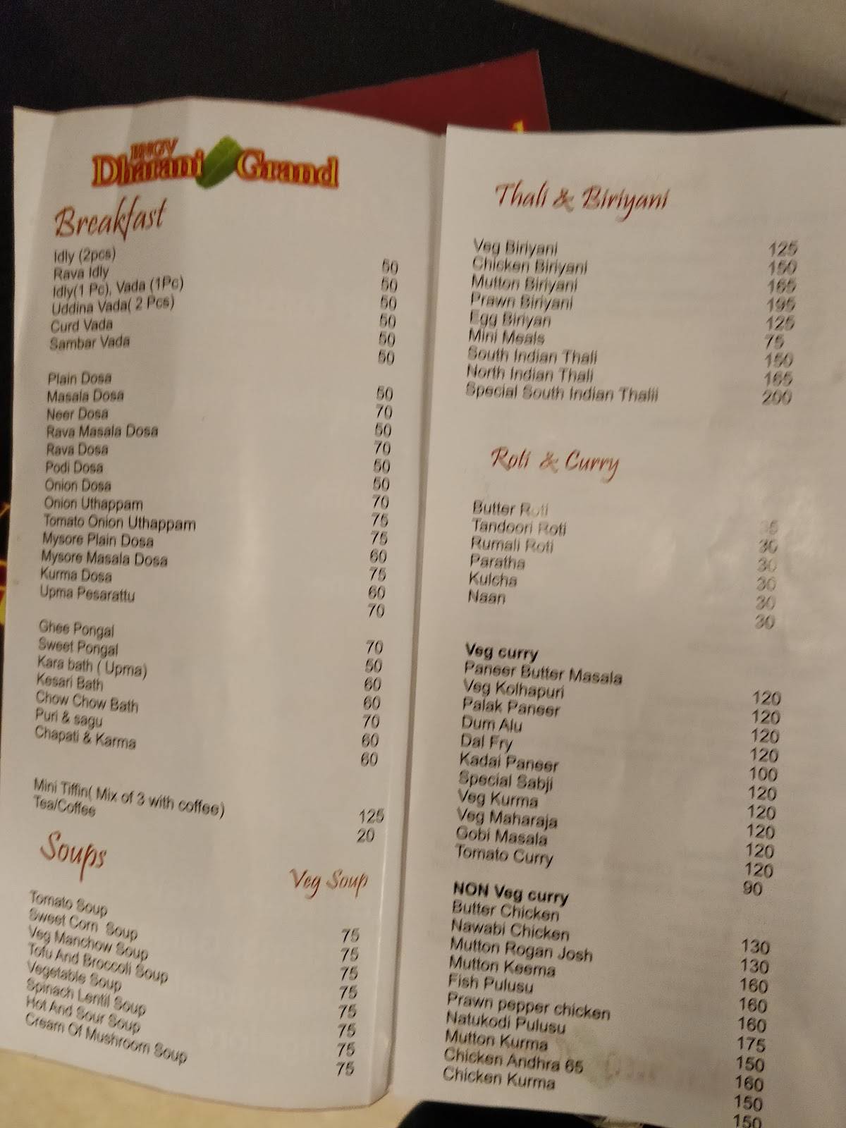 Menu at Dharani Grand, Bengaluru
