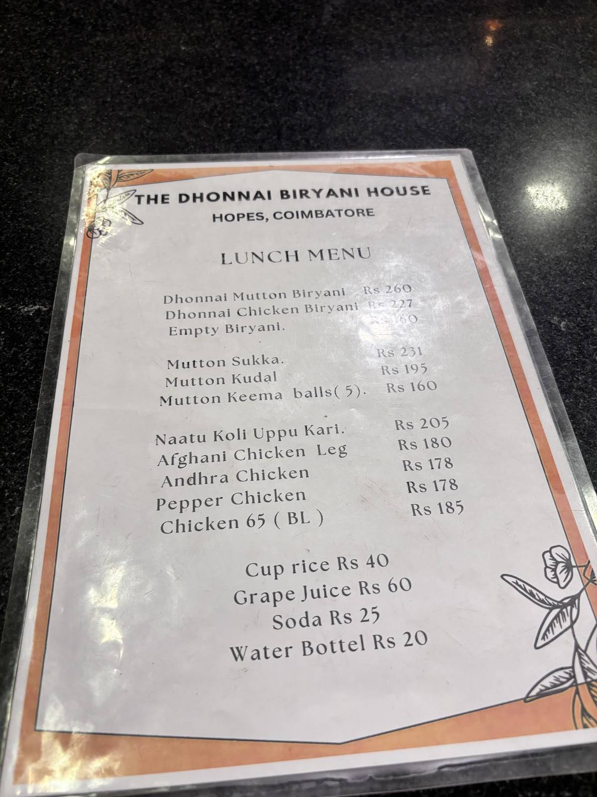 Menu at Dhonnai Biryani House, Coimbatore, Varadharaja Mills
