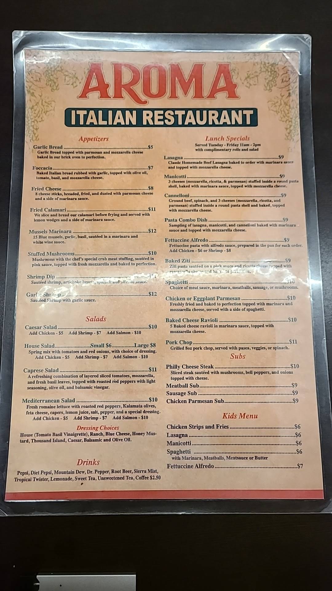 Menu at Aroma restaurant, Diamondhead