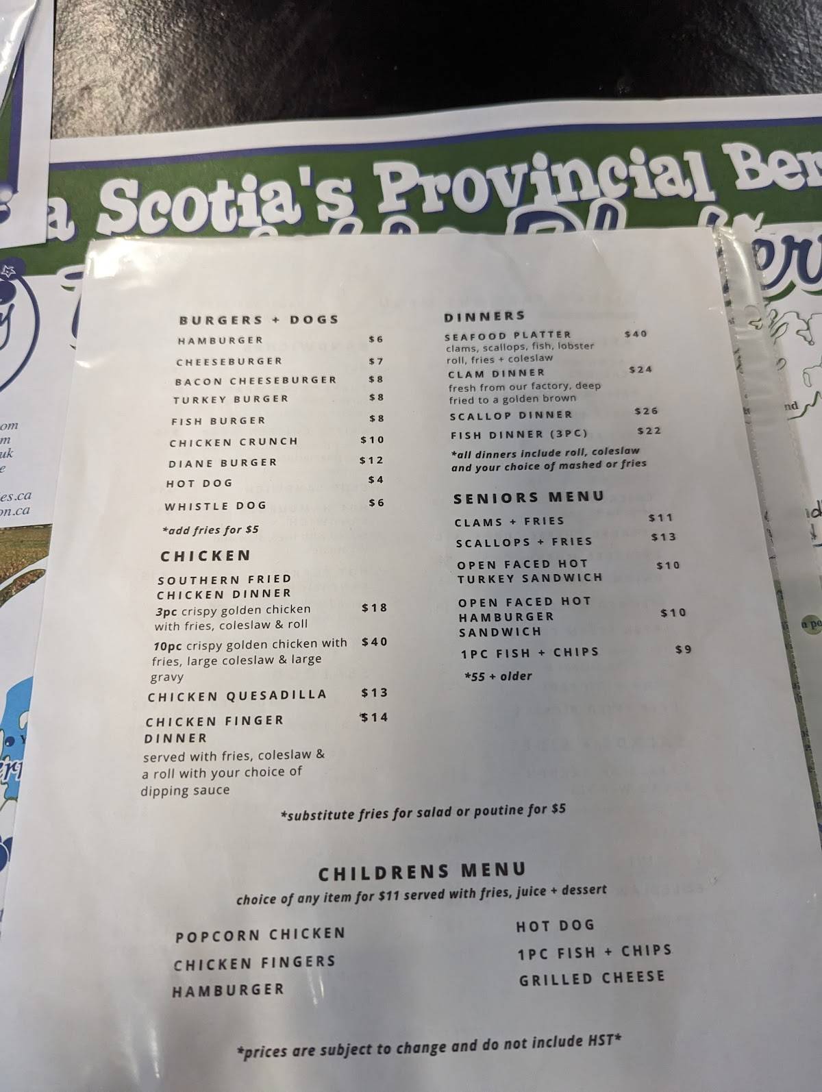 Menu at Diane's restaurant, Five Islands