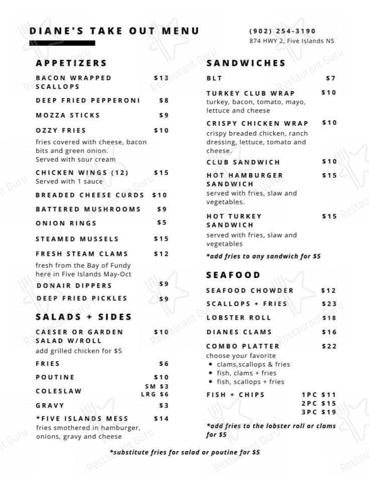 Menu at Diane's restaurant, Five Islands