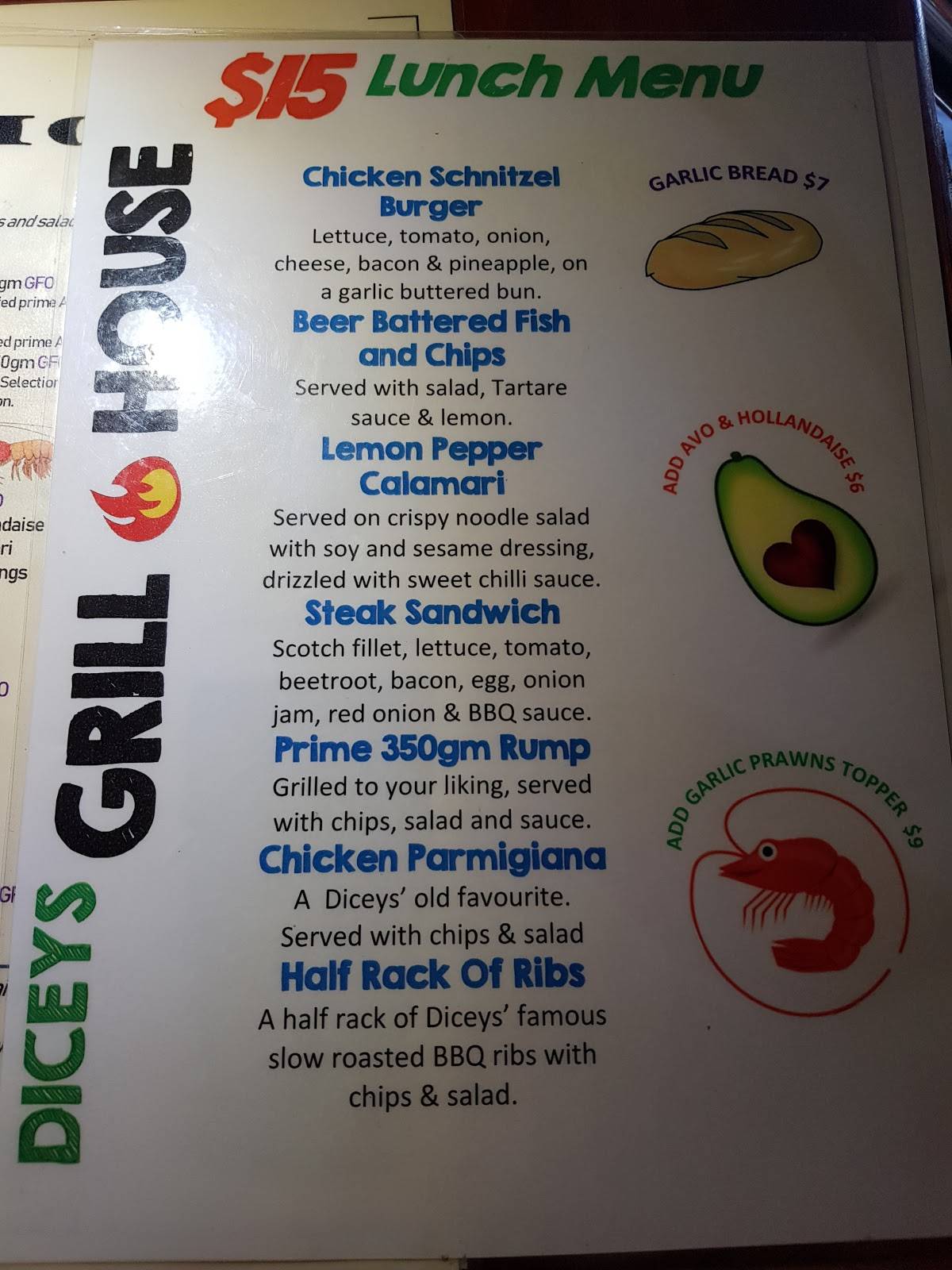 Menu at Dicey's Bar And Grill, West Gladstone