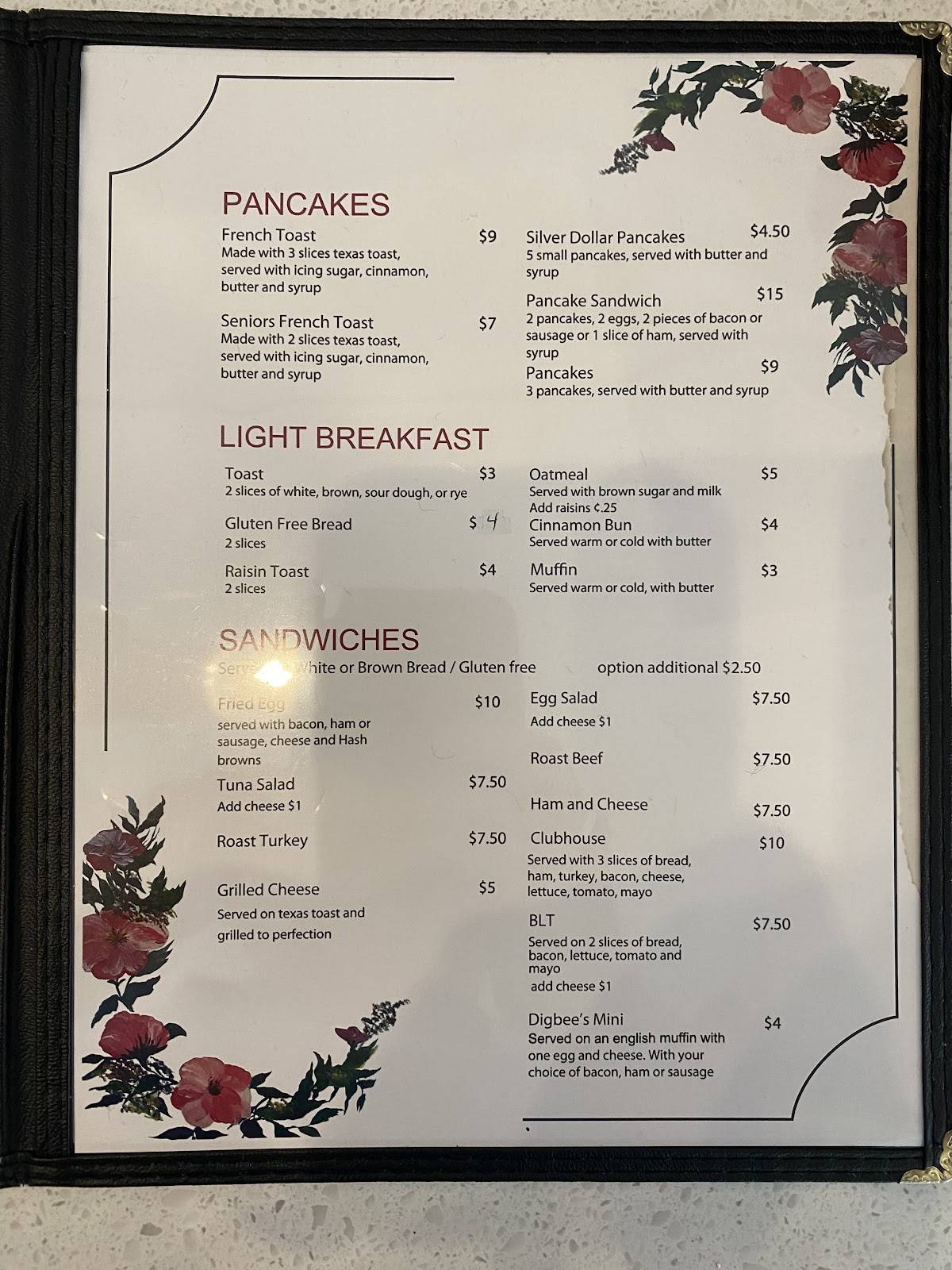 Menu at Digbee’s Diner restaurant, Fort MacLeod