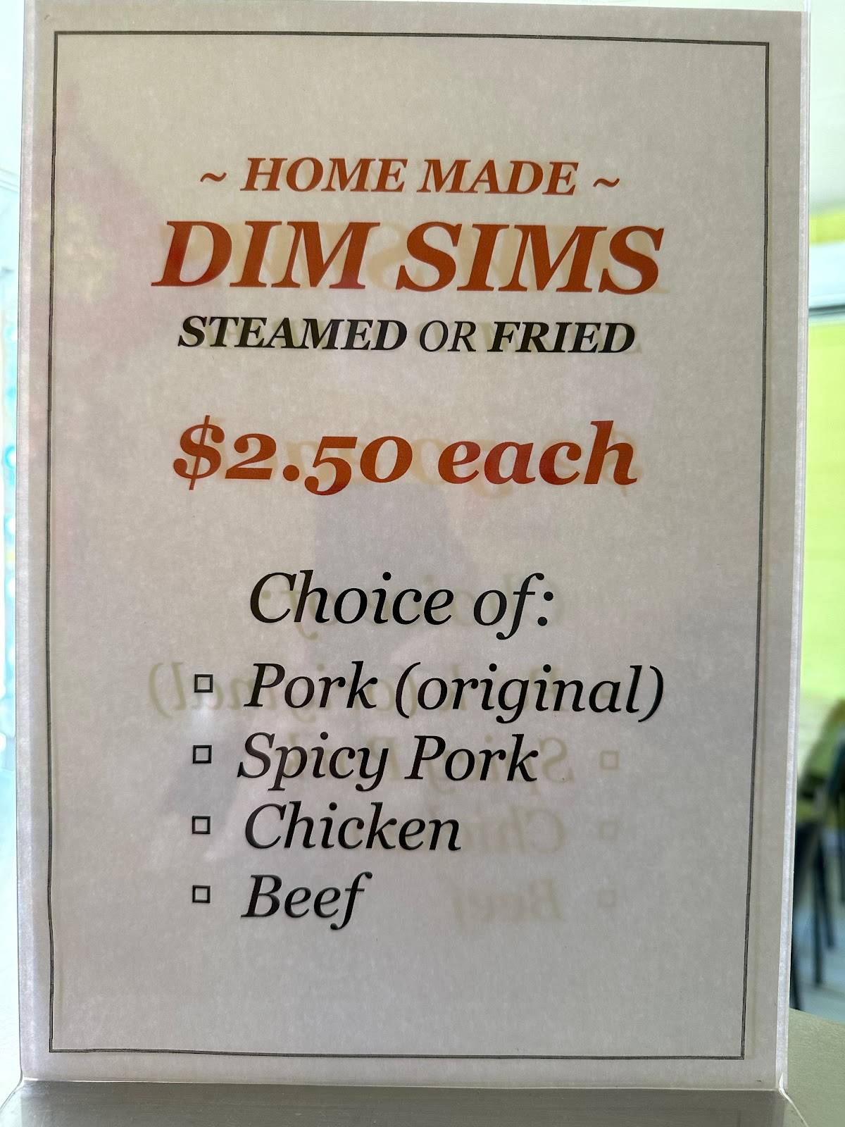 Menu at Dim Sim King restaurant, Kilsyth