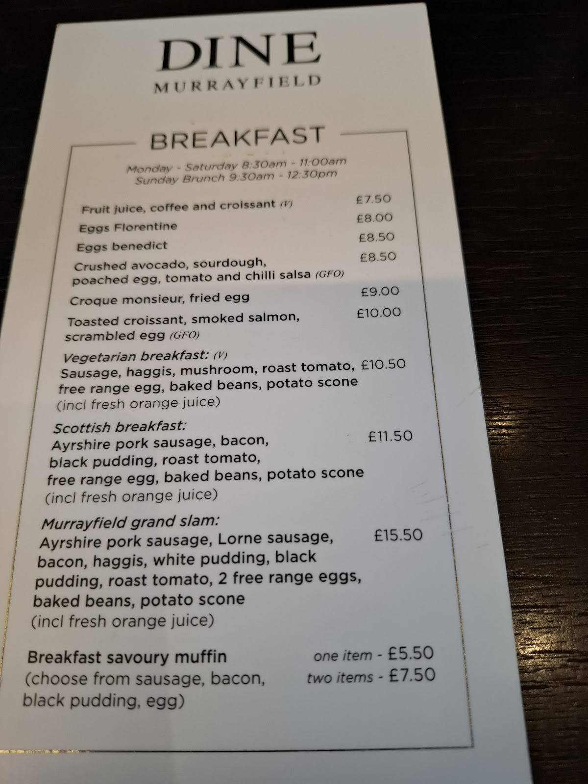 Menu at Dine Murrayfield restaurant, Edinburgh