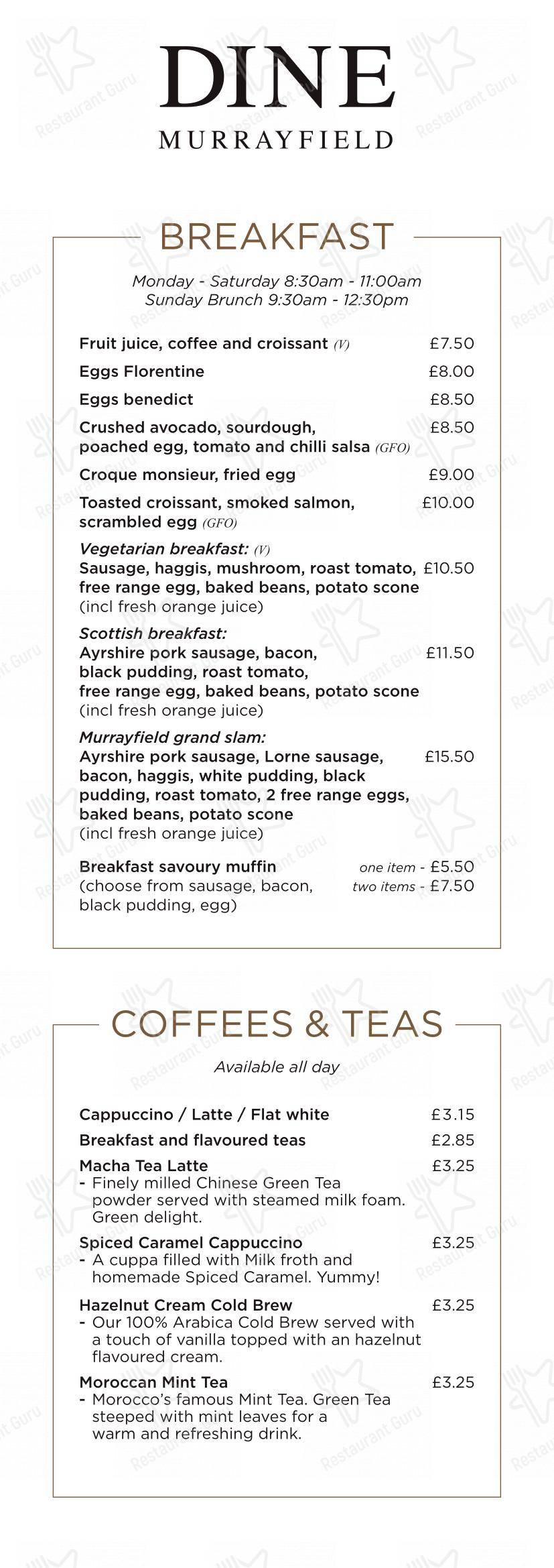 Menu at Dine Murrayfield restaurant, Edinburgh
