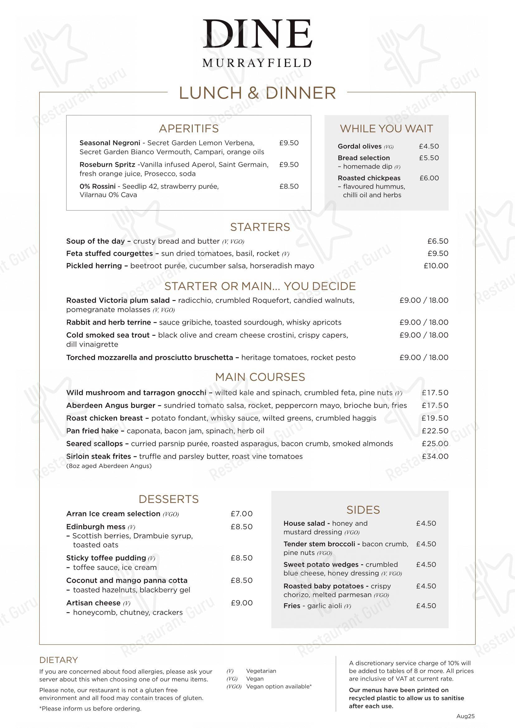 Menu at Dine Murrayfield restaurant, Edinburgh