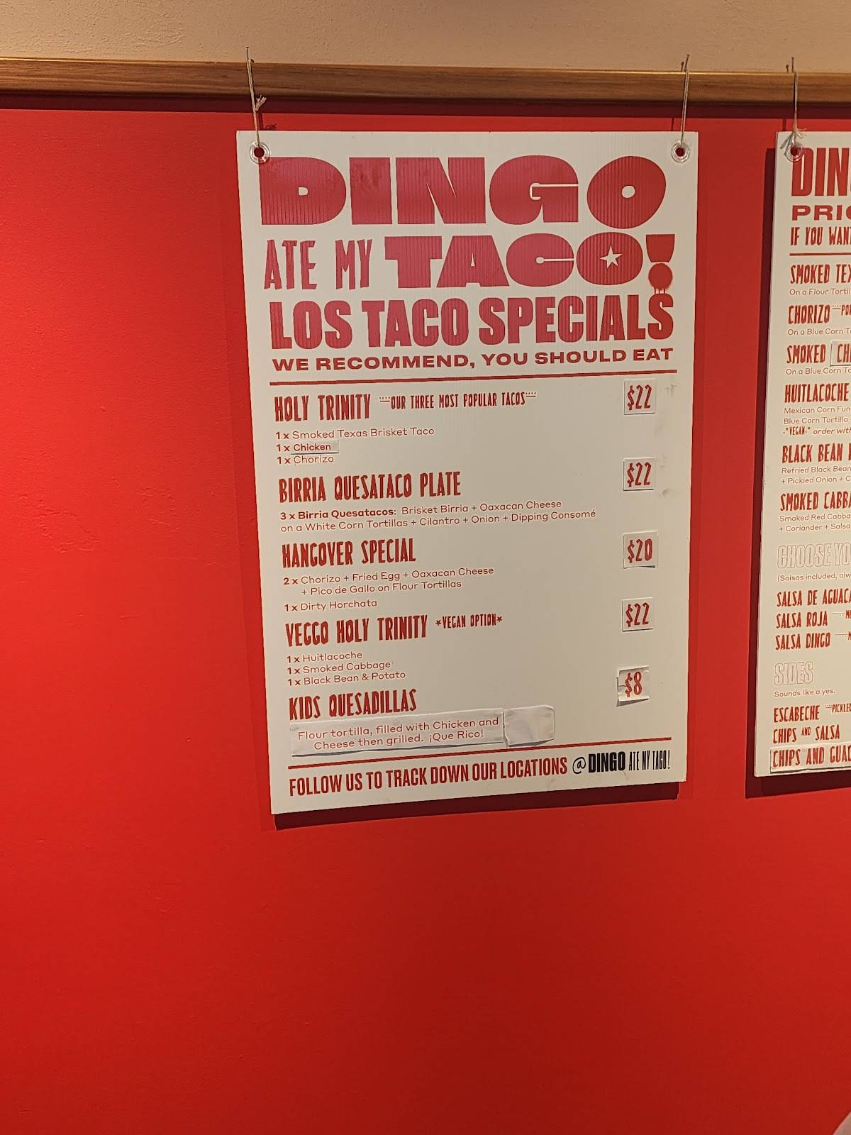 Menu at Dingo Ate My Taco restaurant, Melbourne