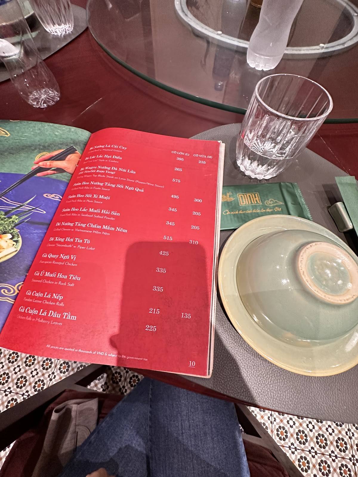 Menu at Dinh Restaurant, Hanoi