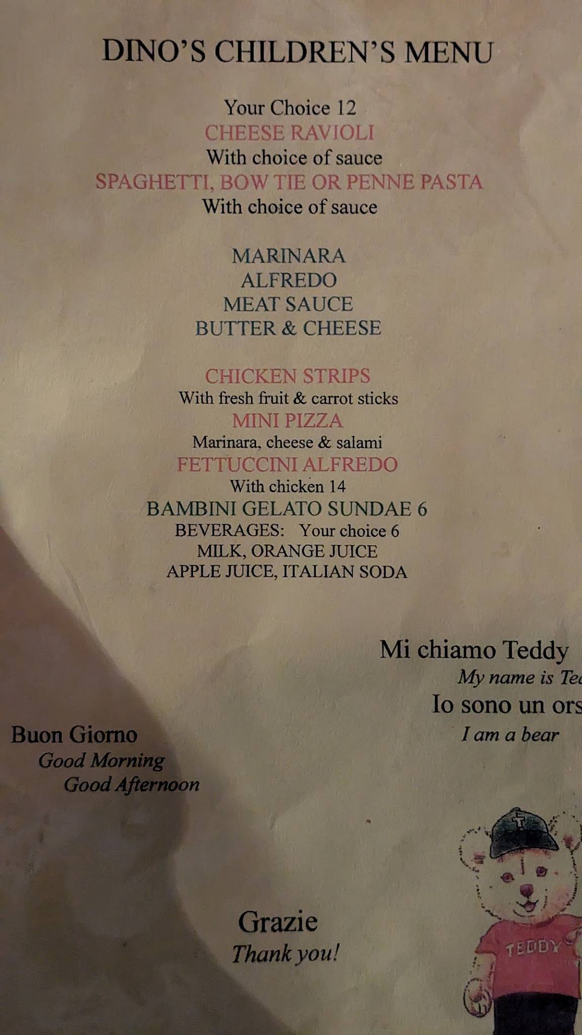 Menu at Dino's Ristorante Italiano pub & bar, Roseburg