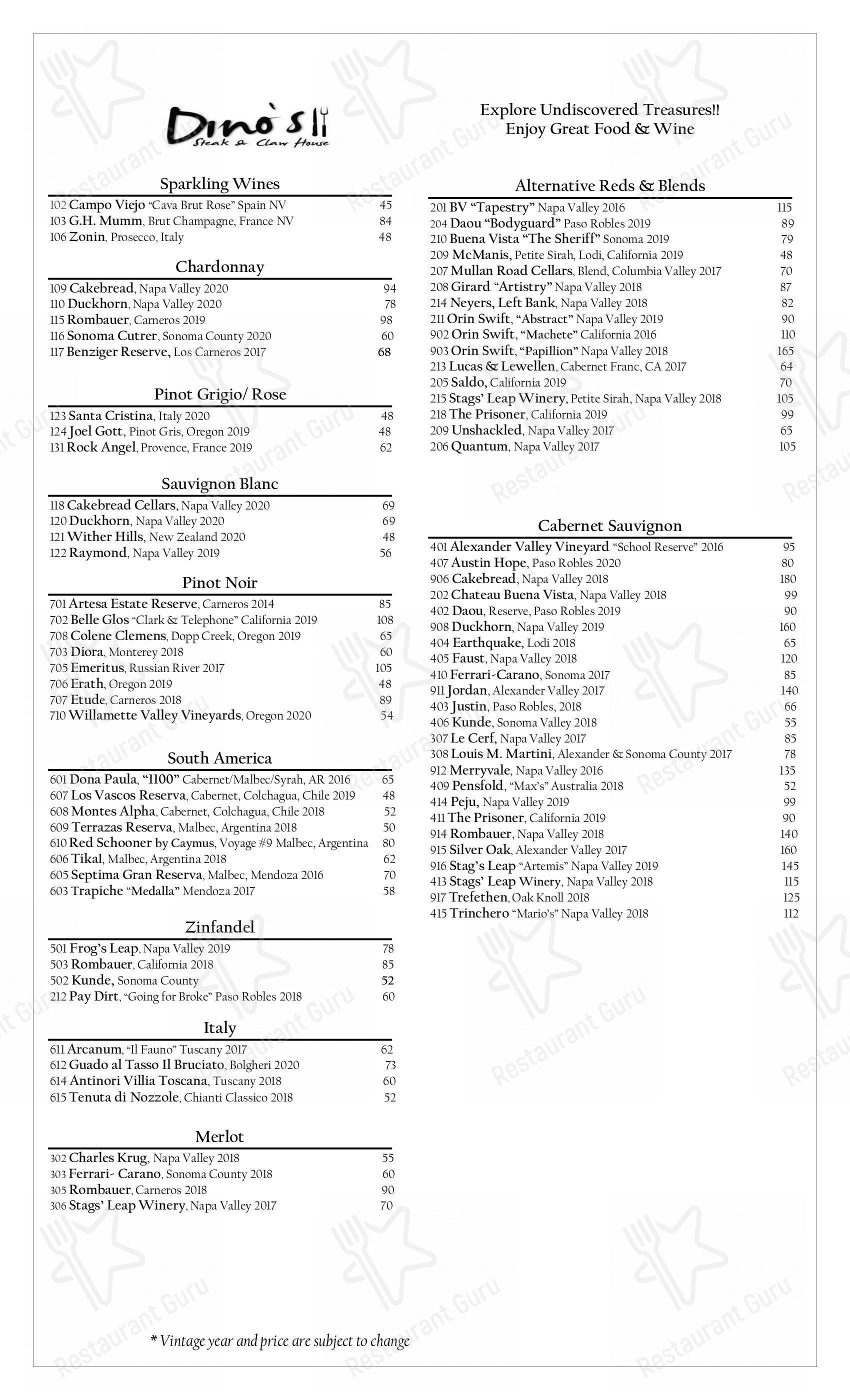 Menu at Dino’s Steak and Claw House steakhouse, Grapevine