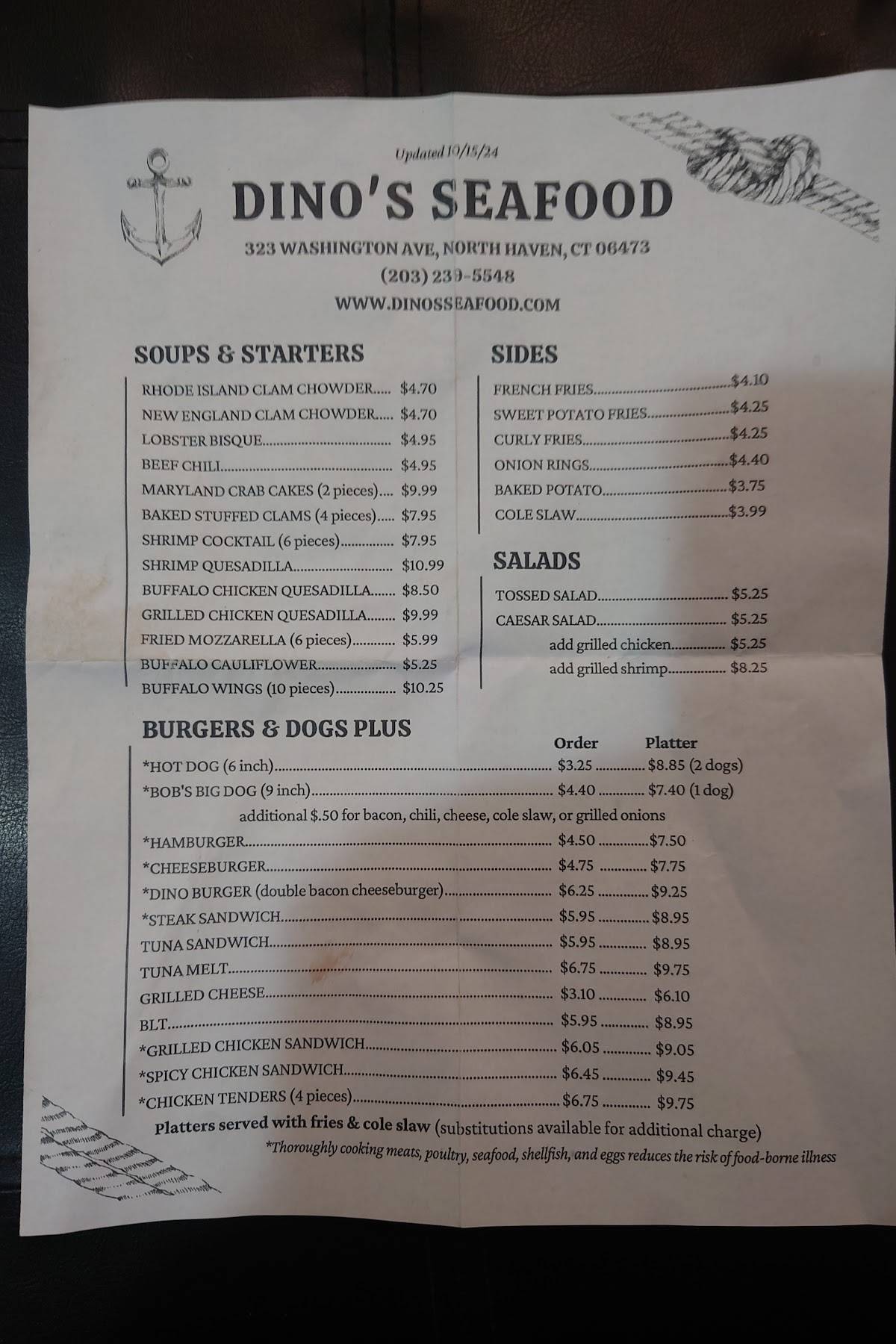Menu at Dino's restaurant, North Haven