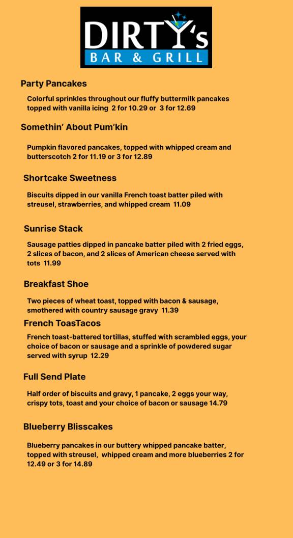 Menu at Dirty's Bar & Grill, Charleston