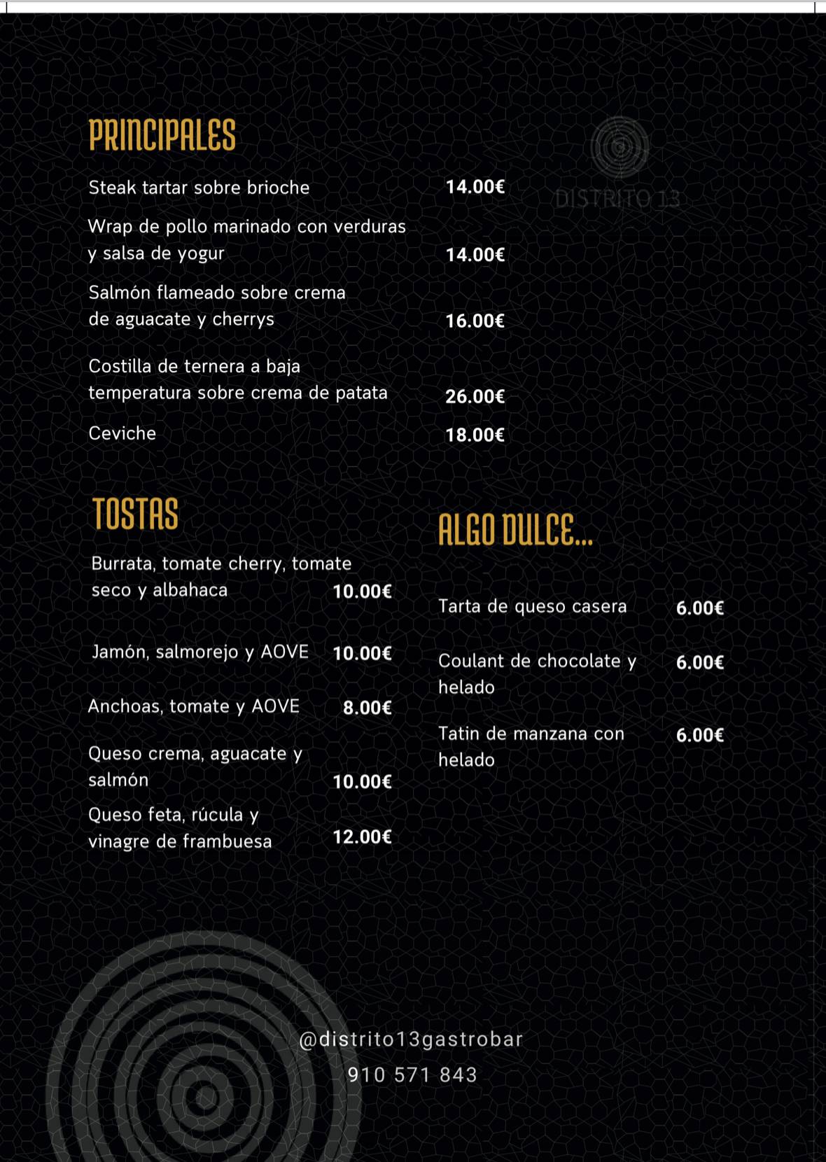 Menu at Distrito 13 pub & bar, Madrid
